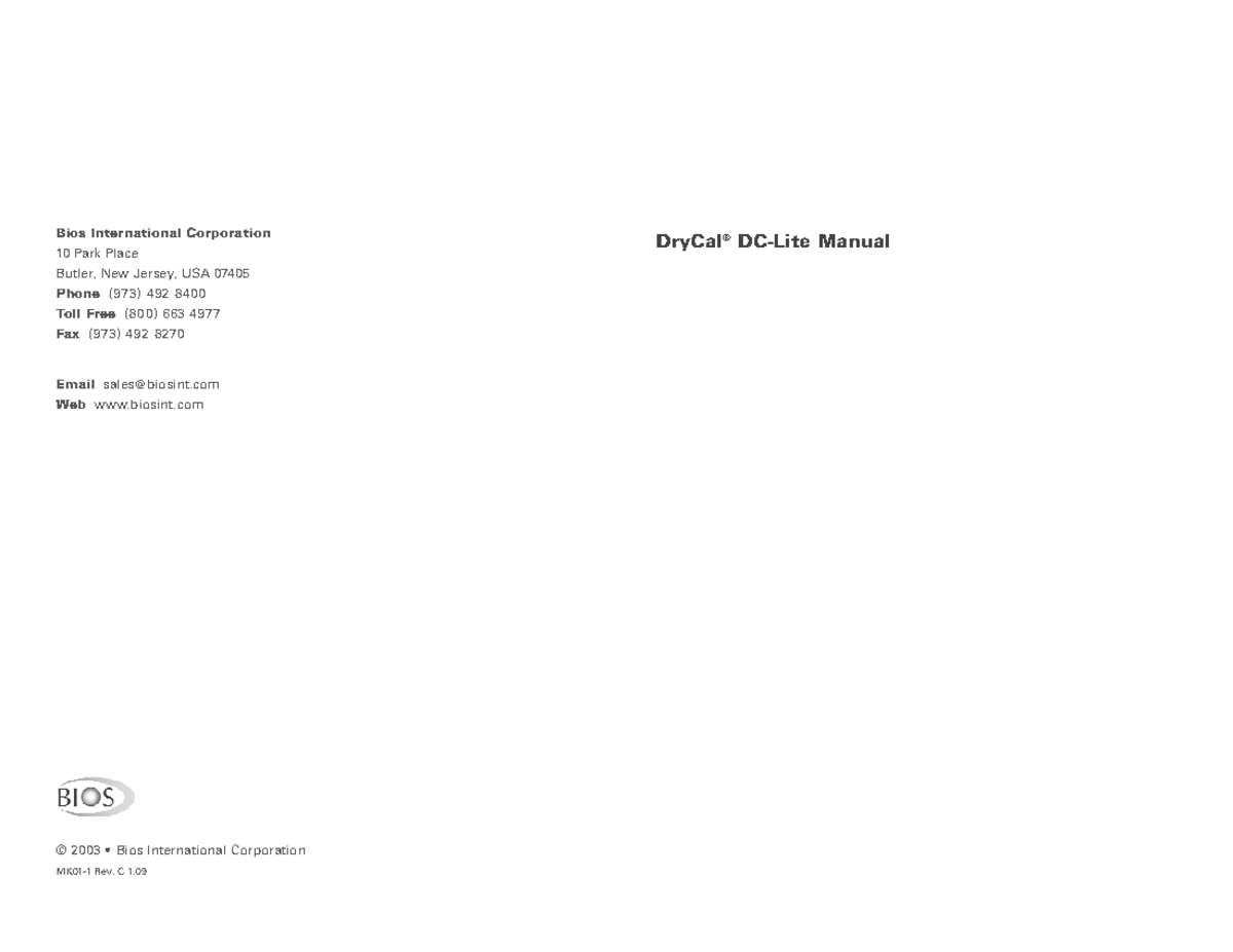 DryCal DC-Lite Flow Calibrator Manual - User Instructions & Specs - Studocu