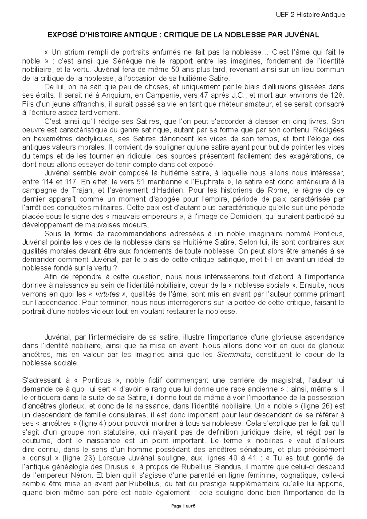 Expose JUVENAL : Critique de la Noblesse dans l'Histoire Antique L2 ...