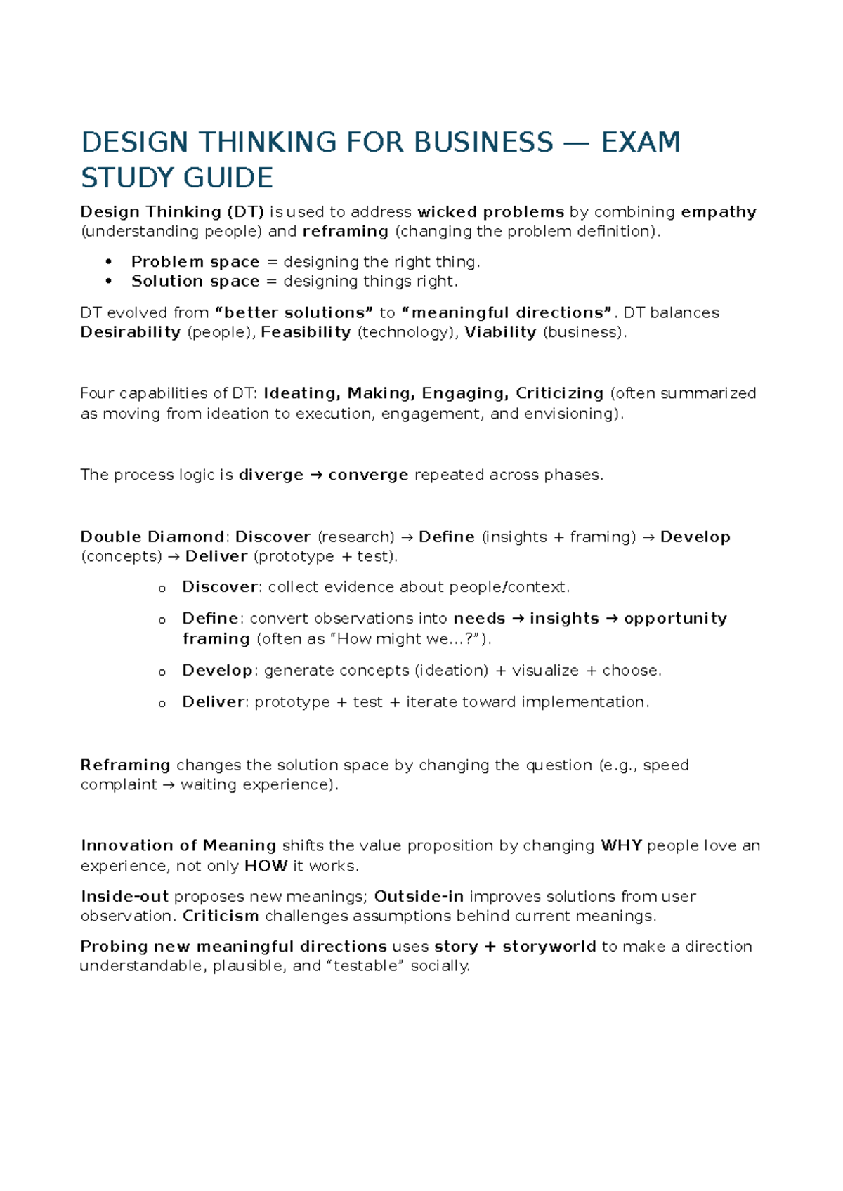 DTB Design Thinking for Business Final Exam Study Guide - Studocu