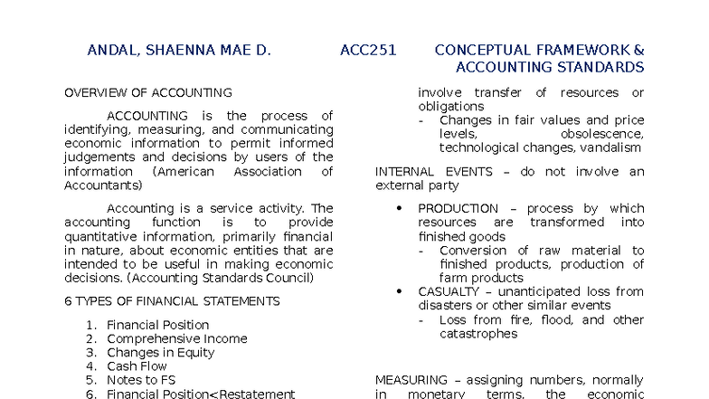 ACC251 CONCEPTUAL FRAMEWORK ACCOUNTING STANDARDS NOTES - Studocu