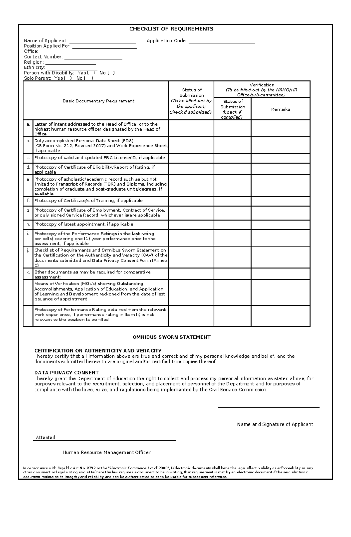 Checklist of Requirements & Omnibus Sworn Statement for Application ...
