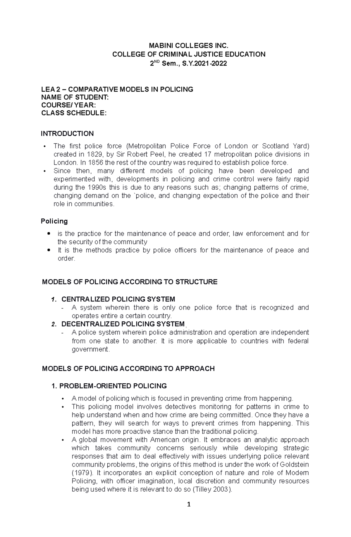 LEA 2 Comparative Models of Policing: An In-depth Analysis - Studocu