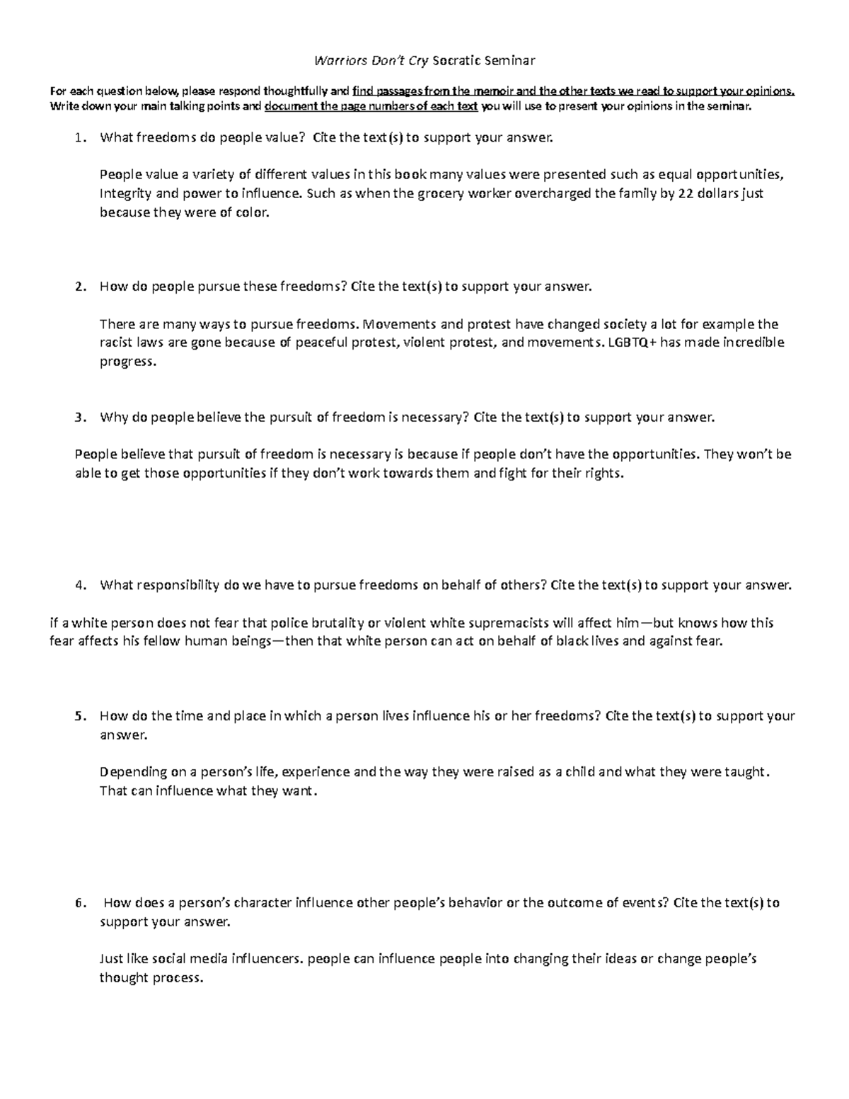 Socratic Seminar Questions for "Warriors Don’t Cry" Analysis - Studocu