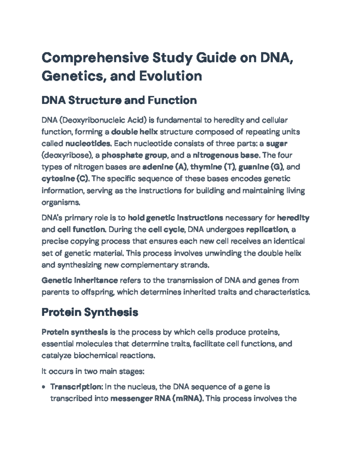Comprehensive Study Guide: DNA, Genetics, and Evolution Concepts - Studocu