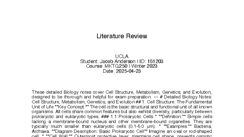 MKTG250 Winter 2023: Detailed Biology Notes on Cell Structure ...