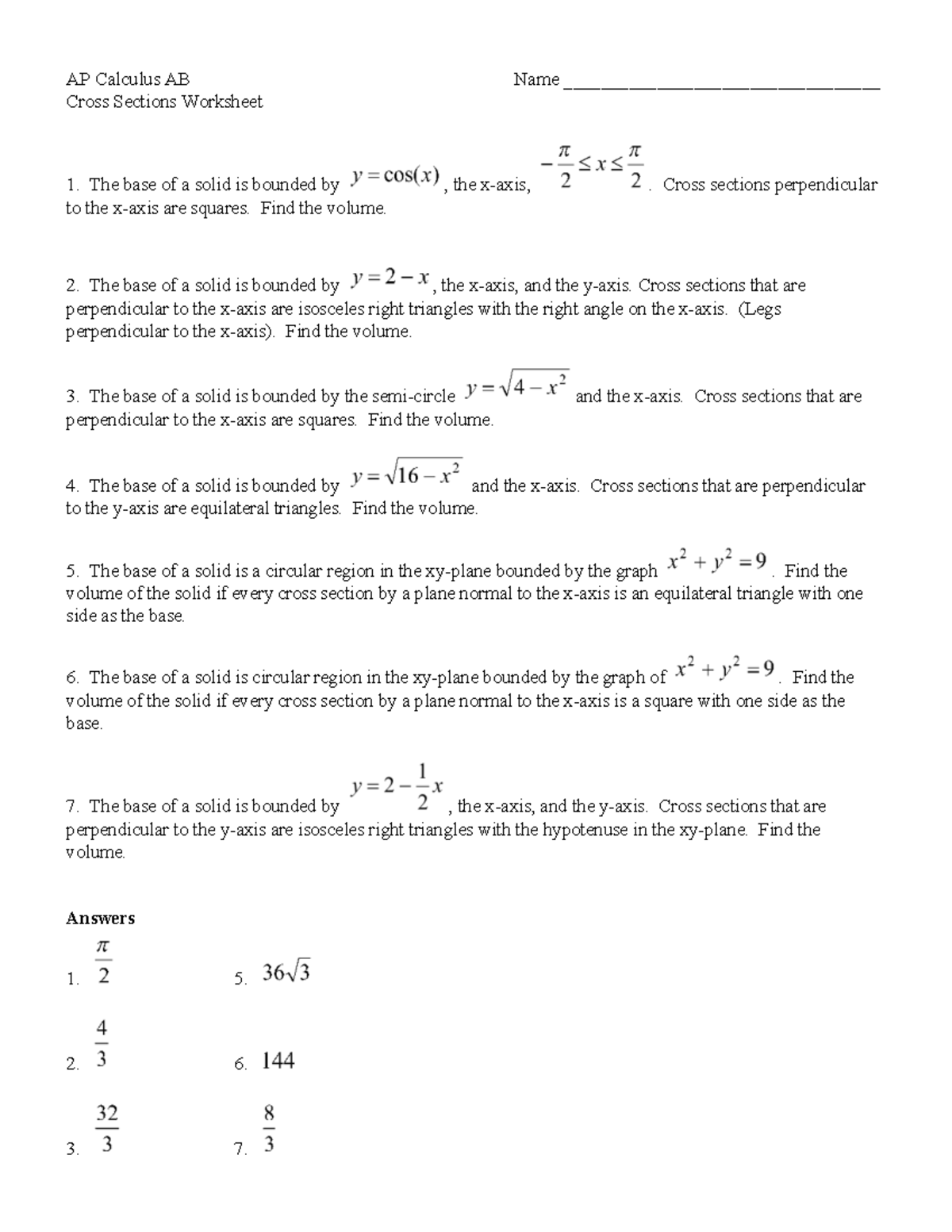 AP Calculus AB Cross Sections Volume Worksheet 1 - Studocu
