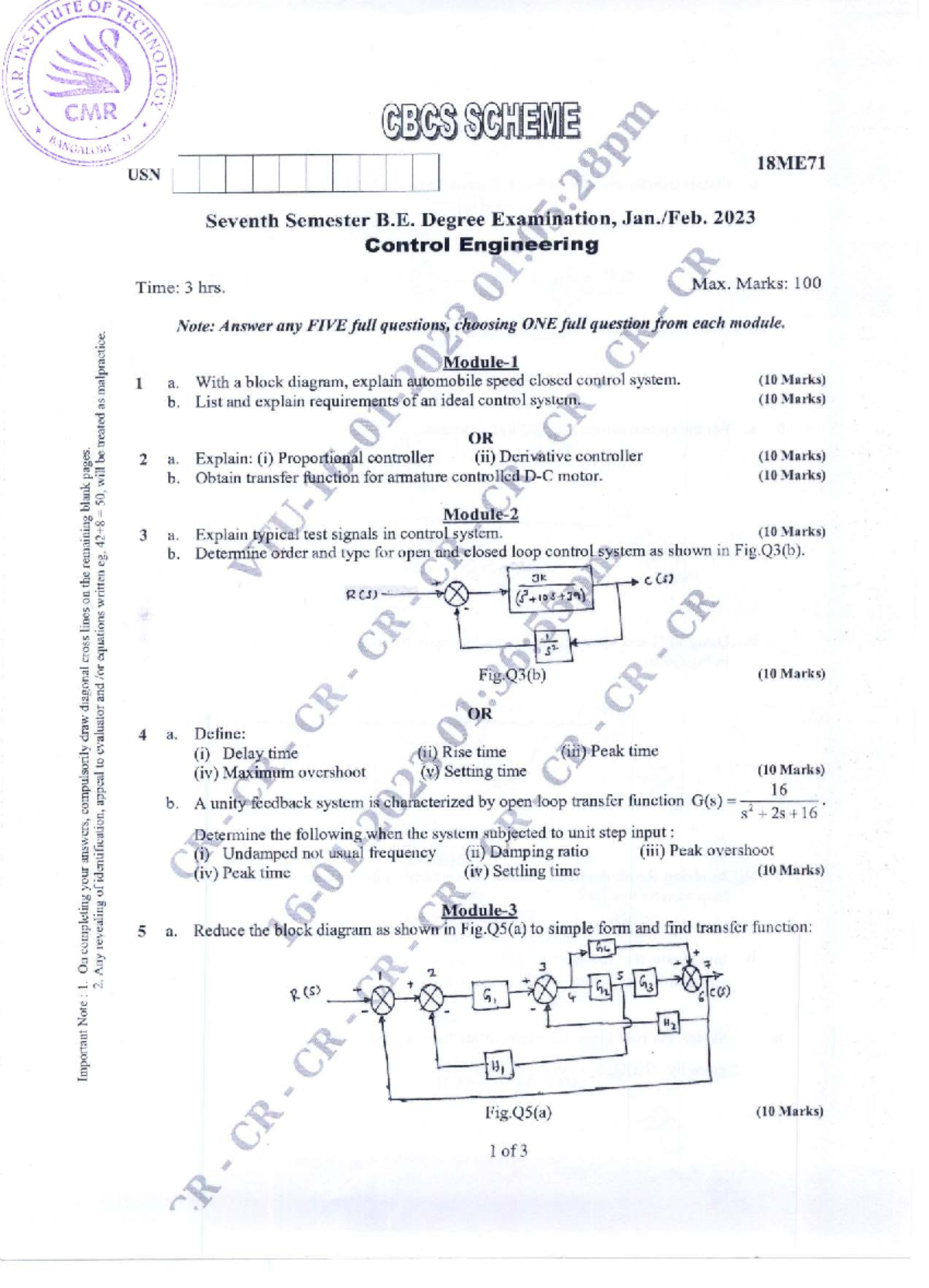 VTU Question Paper: 18ME71 Control Engineering Jan-Feb 2023 Exam - Studocu