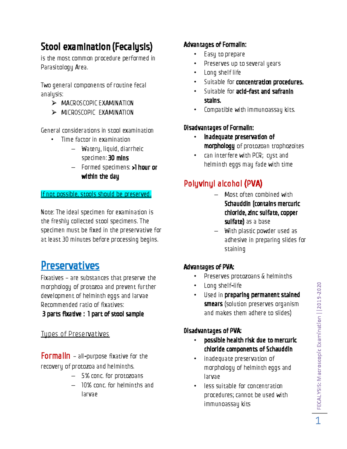 Fecalysis- Notes - FECALYSIS: Macroscopic Examination ||2019- 1 Stool ...