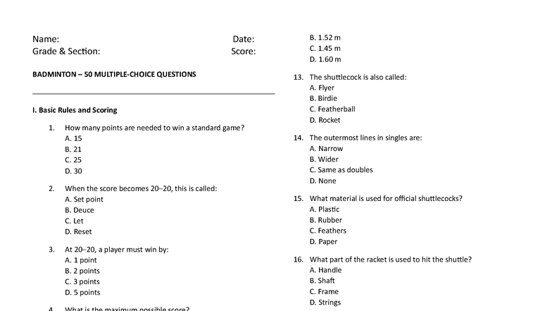 BADM 101: 50 Multiple-Choice Questions on Badminton Rules - Studocu