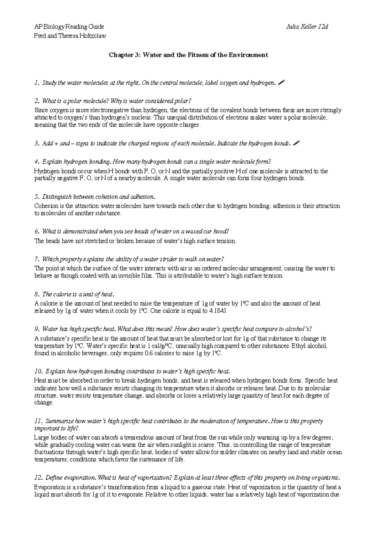 Chapter 3 qq - ch 3 questions - AP Biology Reading Guide Julia Keller 12d Fred and Theresa ...
