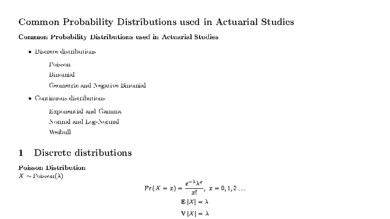 Common Probability Distributions in Actuarial Studies (MATH 101) - Studocu
