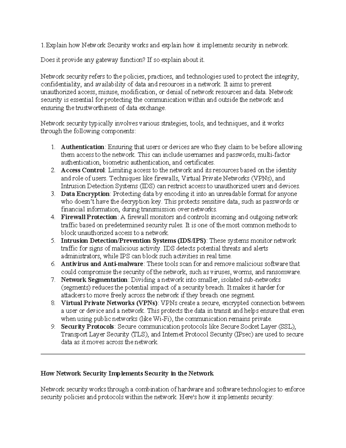 Sp - good - 1 how Network Security works and explain how it implements ...