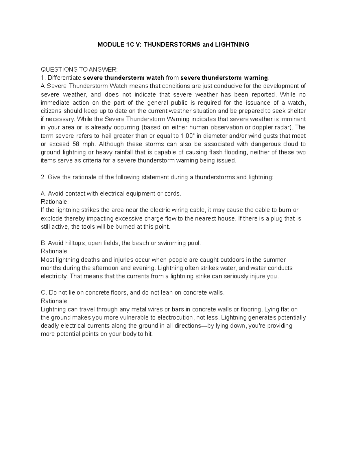 Thunderstorms 101: Module 1C V Lightning Safety Guidelines - Studocu
