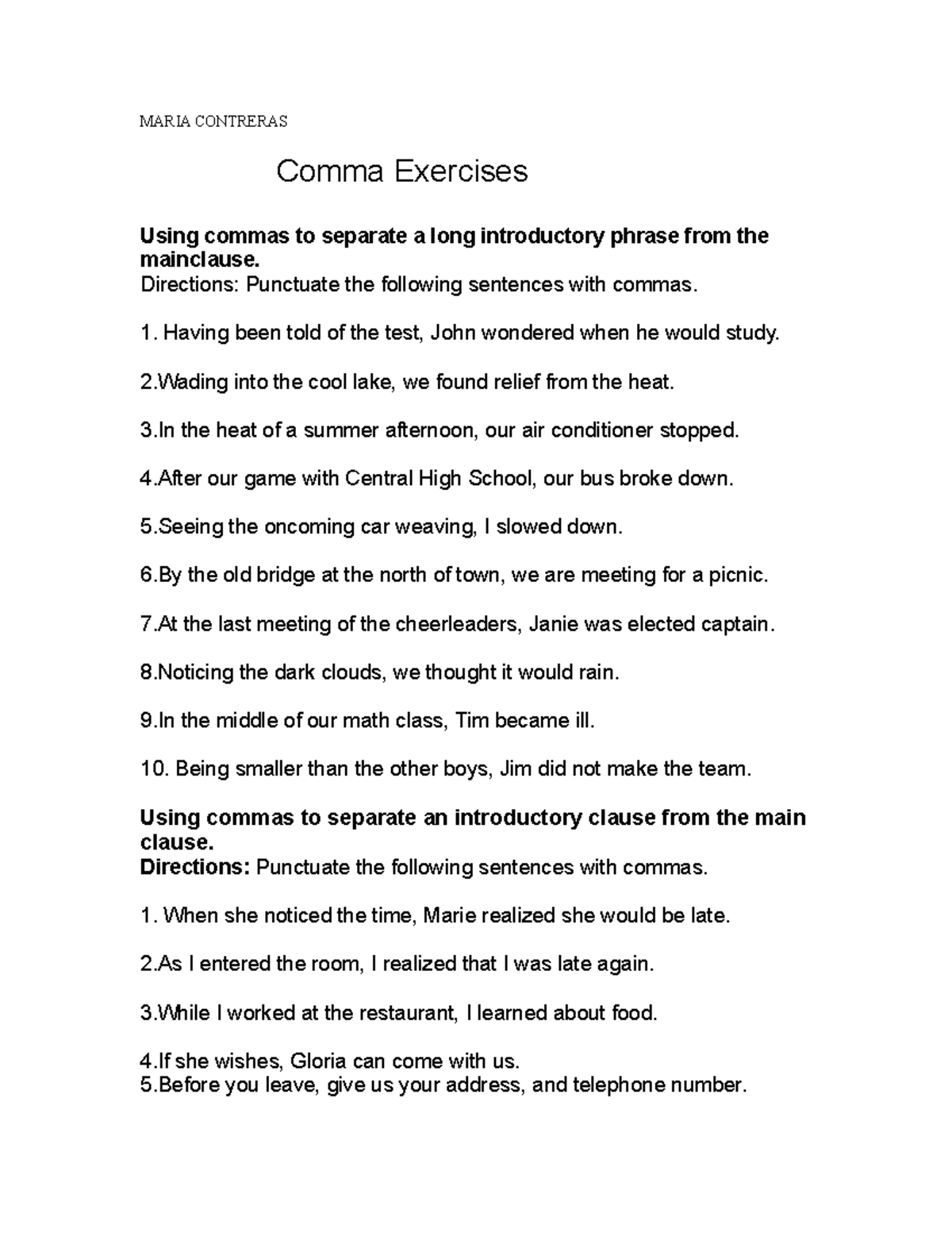Comma Exercises - ENG101 by Maria Contreras - Studocu
