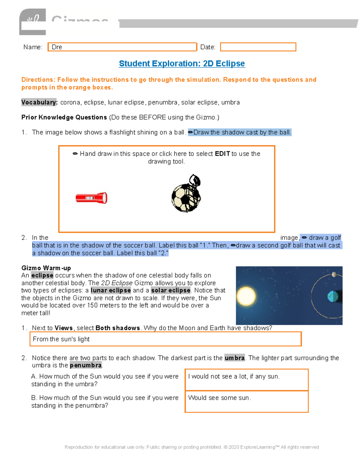 Copy of 2D Eclipse - Name: Dre Date: Student Exploration: 2D Eclipse ...
