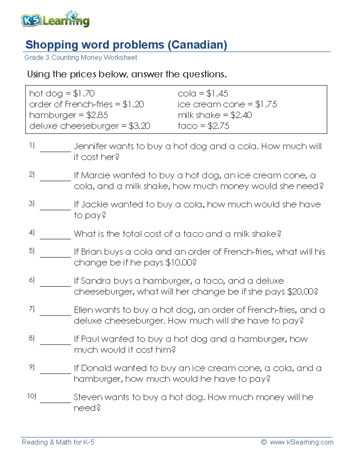 Grade 3 Counting Money: Canadian Shopping Word Problems - Studocu