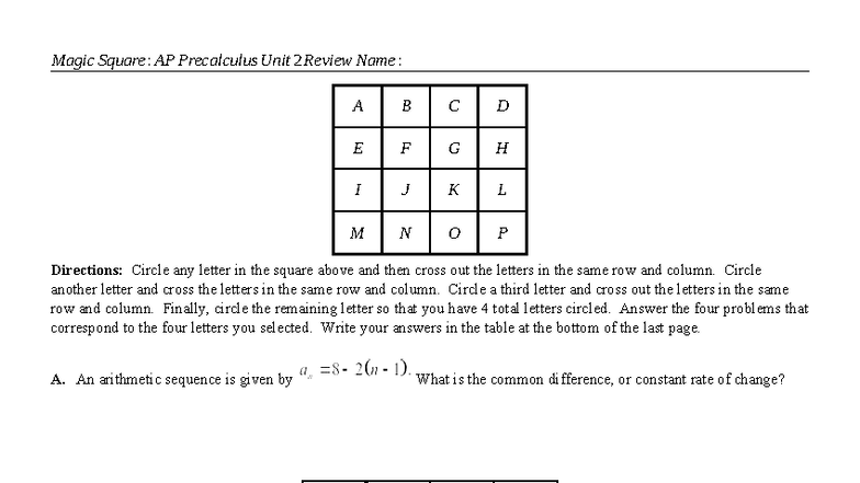 Magic Square: AP Precalculus Unit 2 Review Activity - Studocu