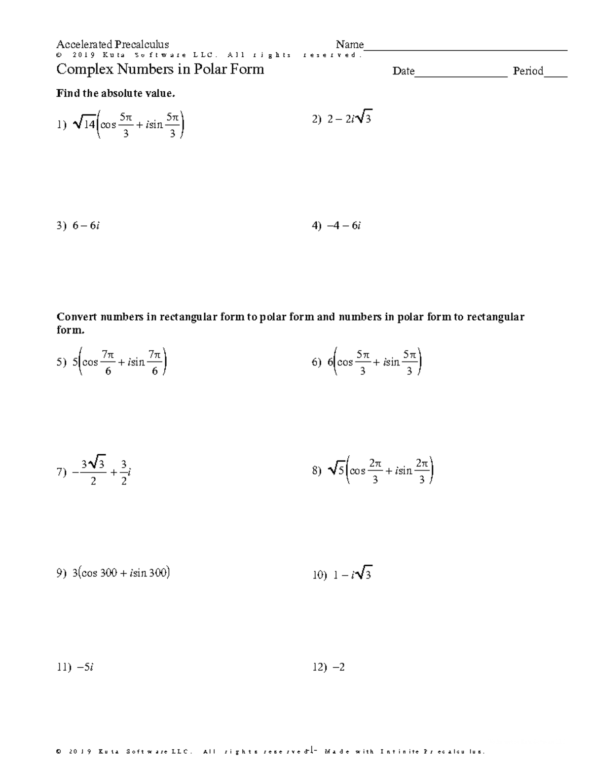 Complex Numbers in Polar Form Practice - Precalculus B2j0r1k9V - Studocu