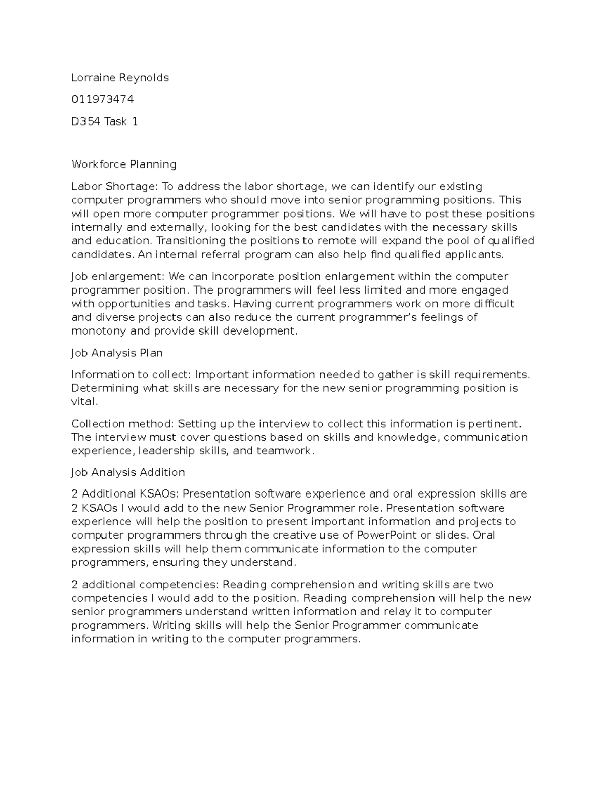 D354 Task 1 - Workforce Planning: Addressing Labor Shortage Solutions ...