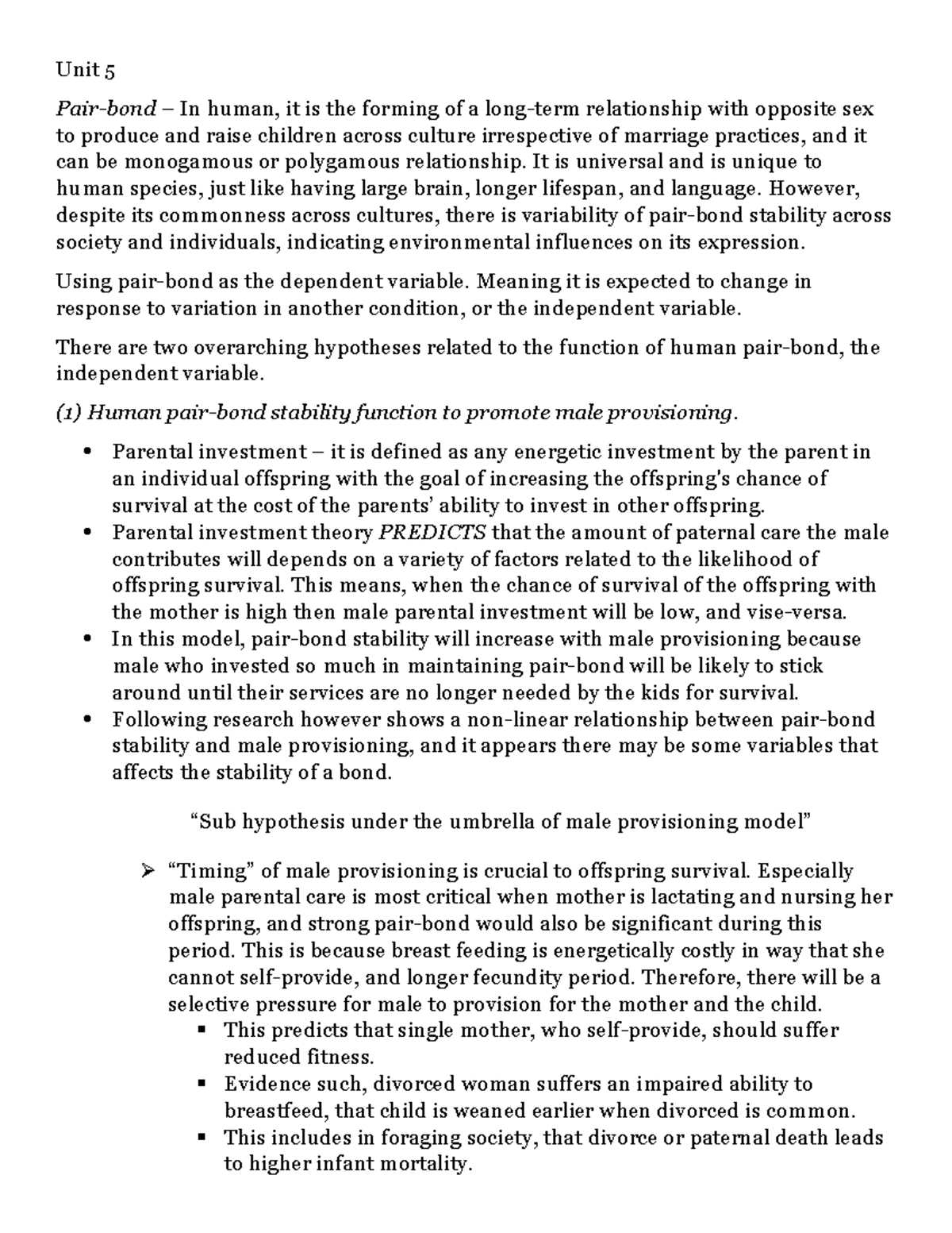 Unit 5 - Human Pair-Bond Dynamics and Parental Investment Theory Study ...