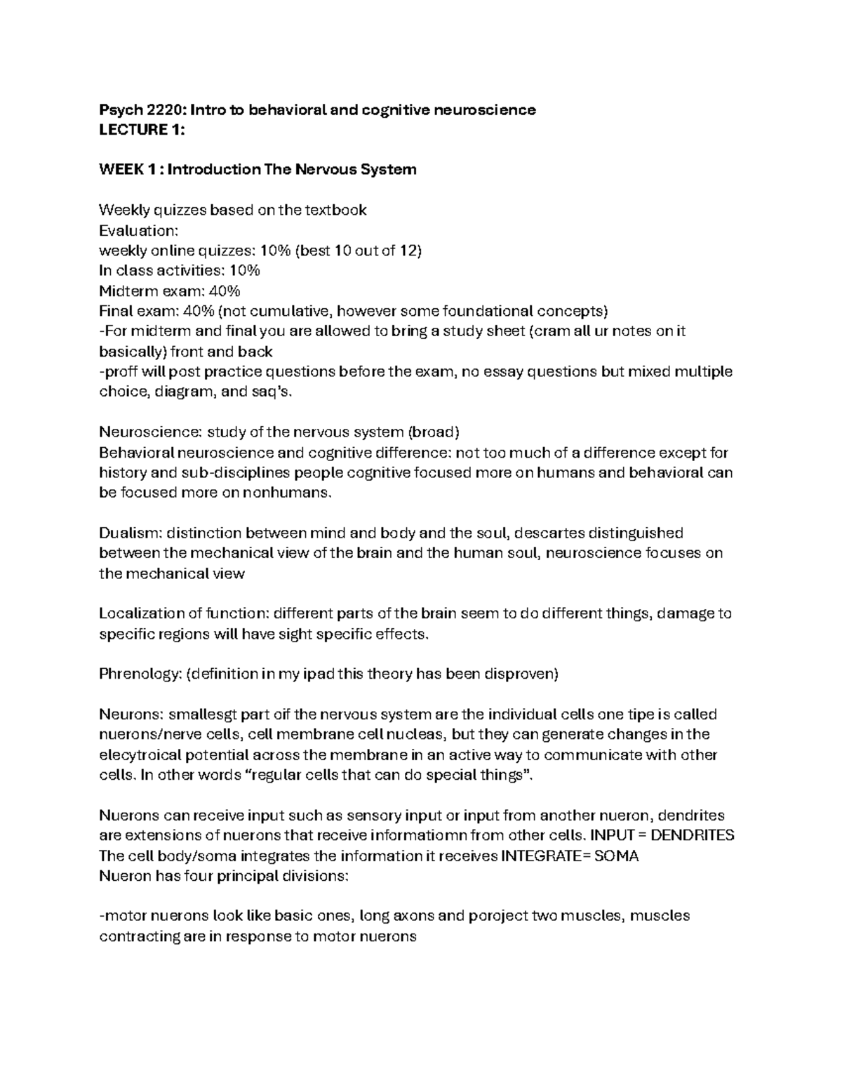 Psych 2220A Lecture 1: Intro to Behavioral & Cognitive Neuroscience - Studocu
