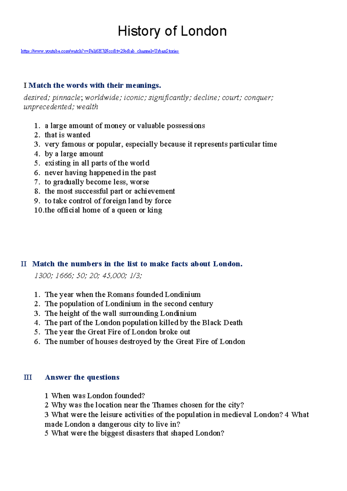 History of London I: Vocabulary & Facts Matching Exercise - Studocu