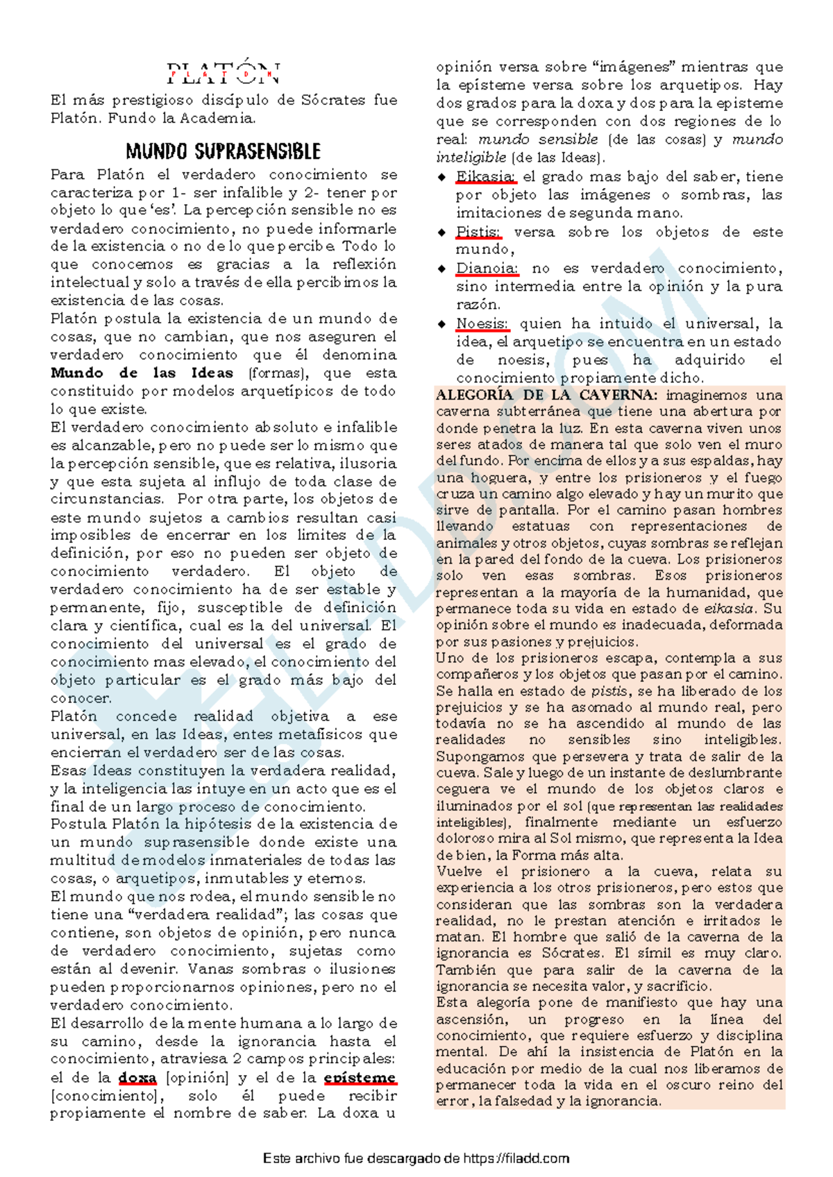 Resumen de la Alegoría de la Caverna y Teorías Platónicas - FIL 101 ...