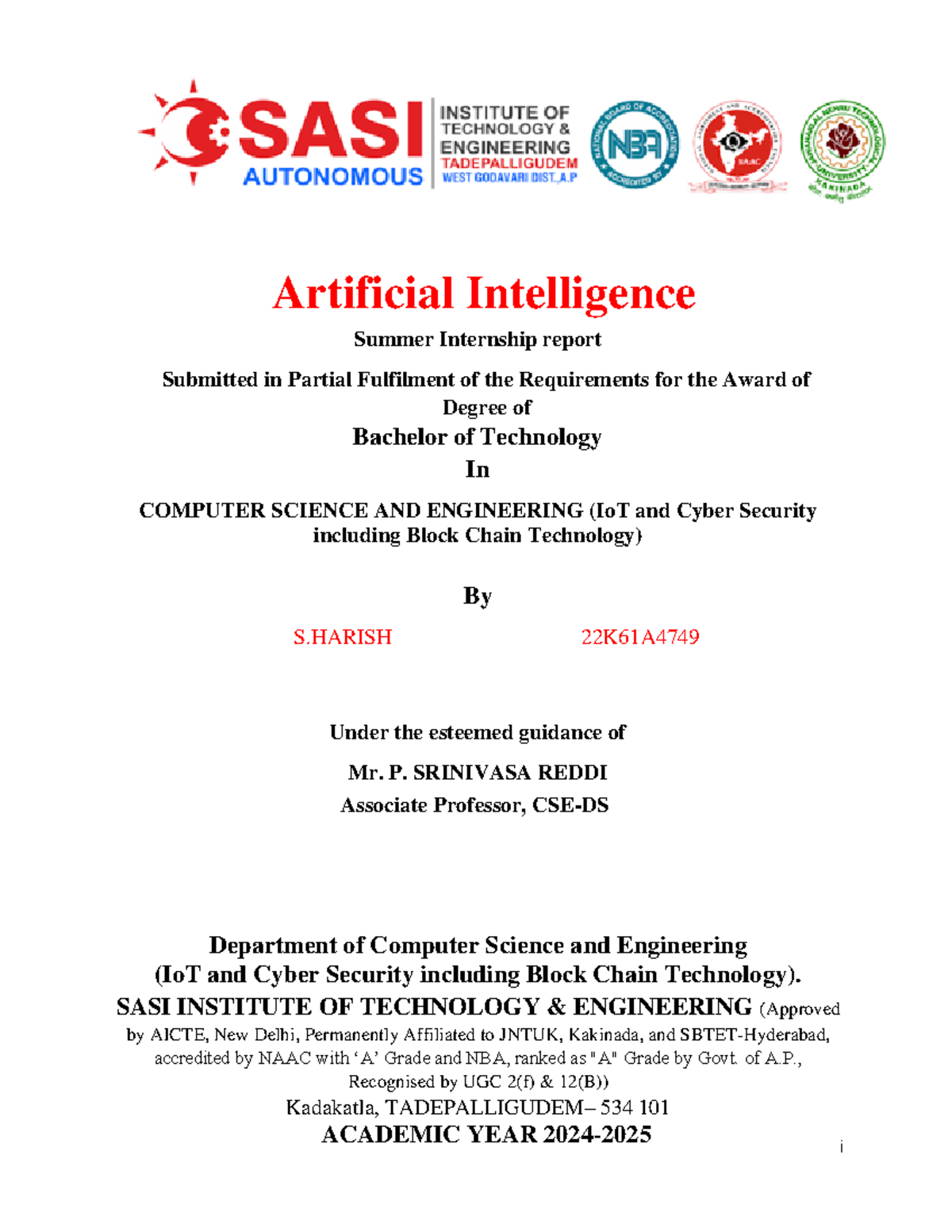 AI Summer Internship Report - B.Tech CSE (IoT & Cybersecurity) - Studocu