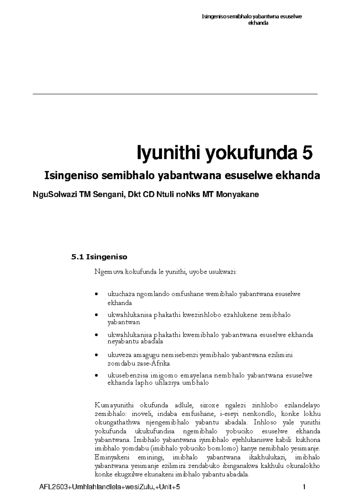 AFL2603 - Isingeniso Semibhalo Yabantwana Ekhanda: Iyunithi 5 - Studocu