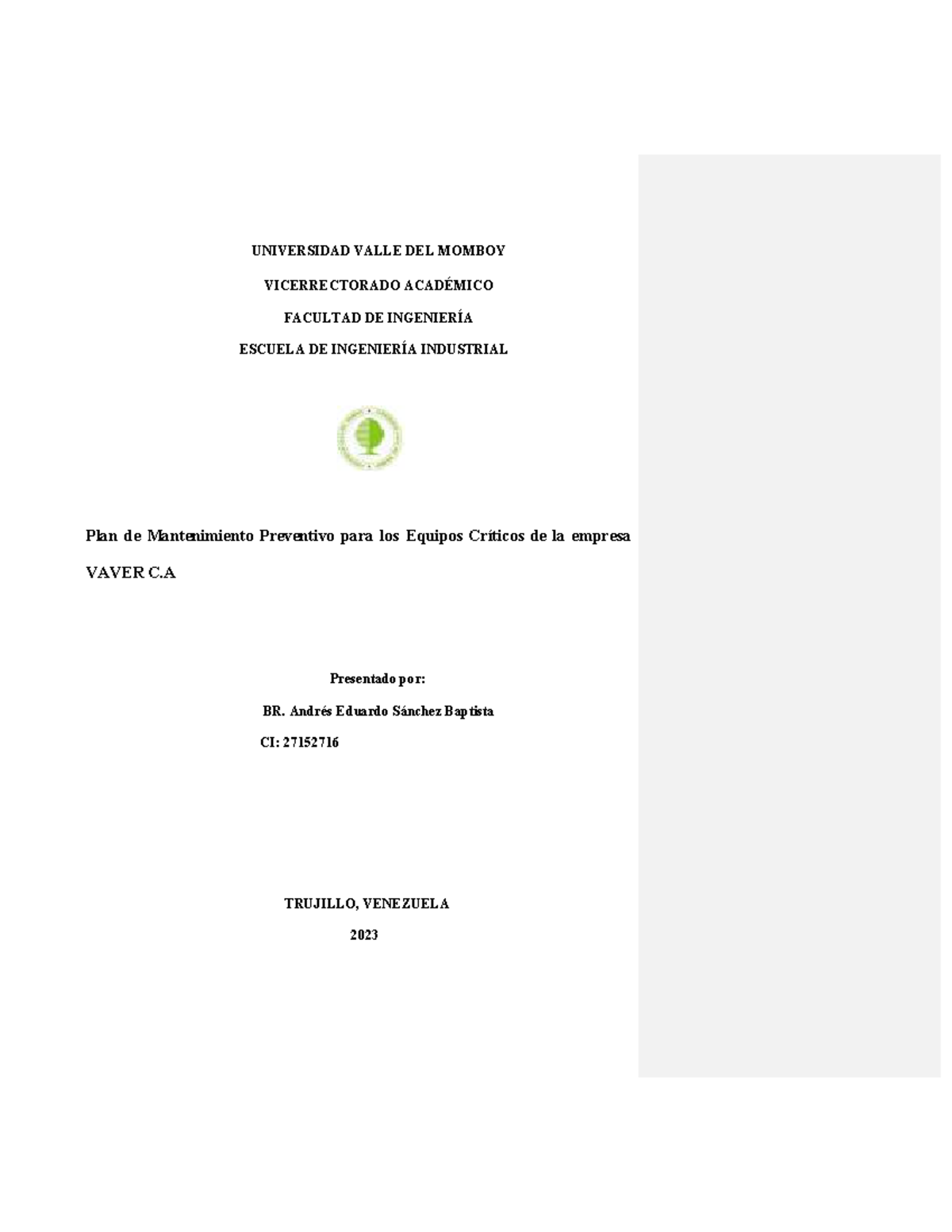 Plan de Mantenimiento Preventivo para Equipos Críticos en VAVER C.A ...