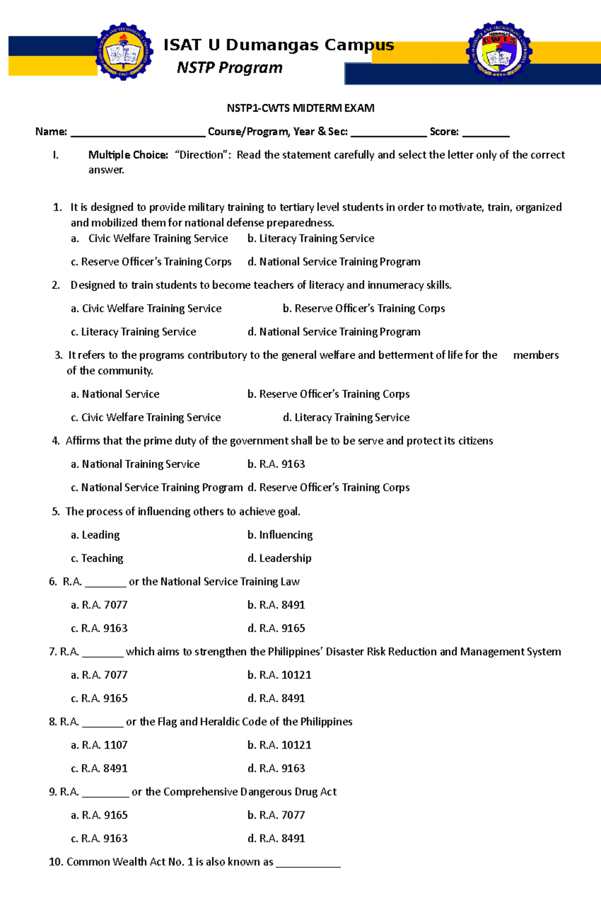 NSTP1-CWTS Midterm Exam Questions and Review for 2022-2023 - Studocu