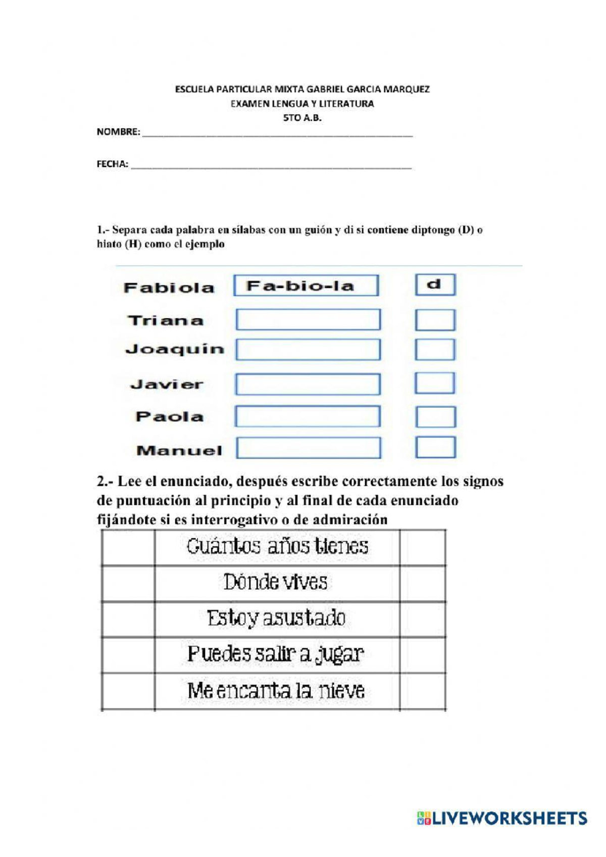 Examen Quinto Lengua y Literatura 5TO A.B. - Diptongos y Hiatos - Studocu