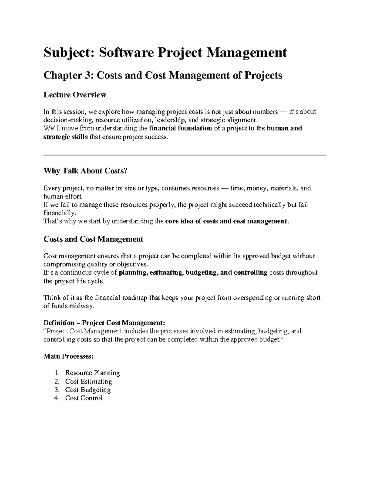 Lecture 3: Costs & Cost Management in Software Project Management - Studocu