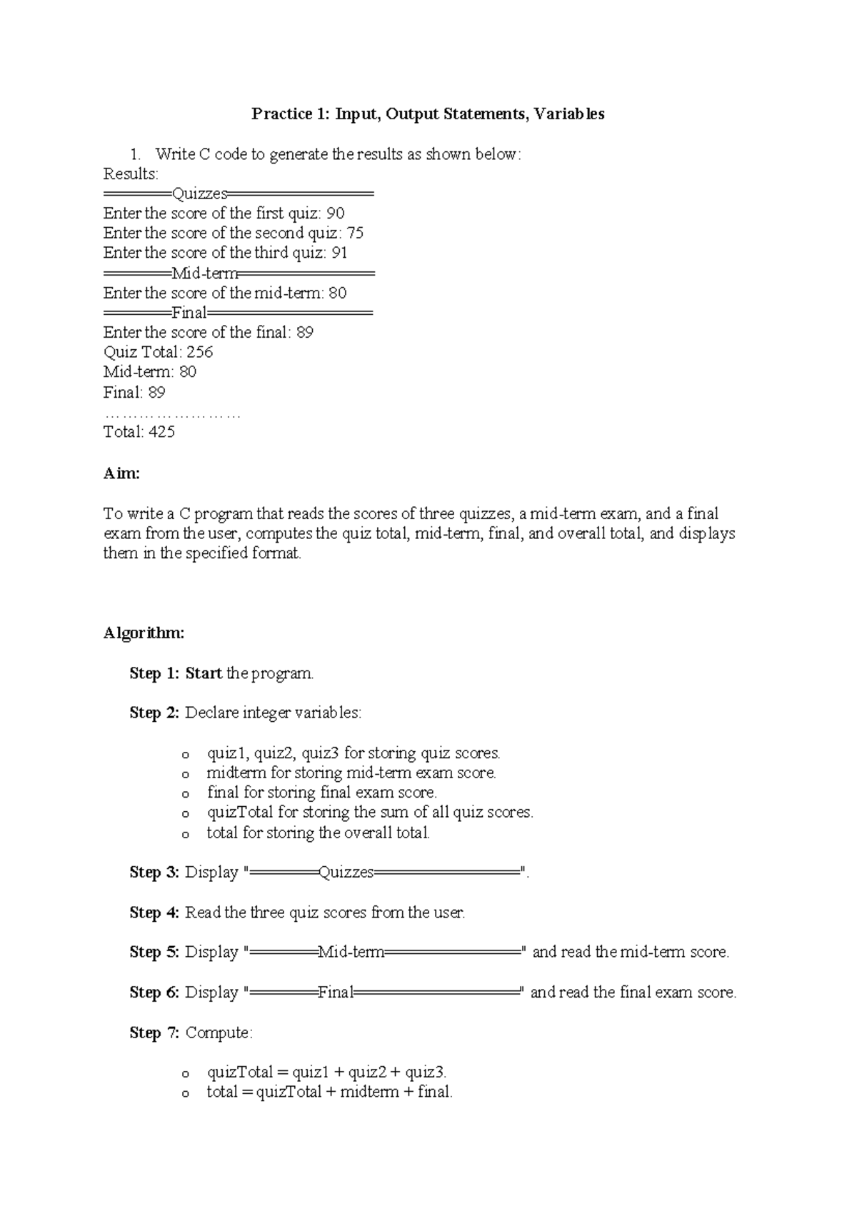 Lab 1: C Programming - Input, Output & Variables Practice - Studocu