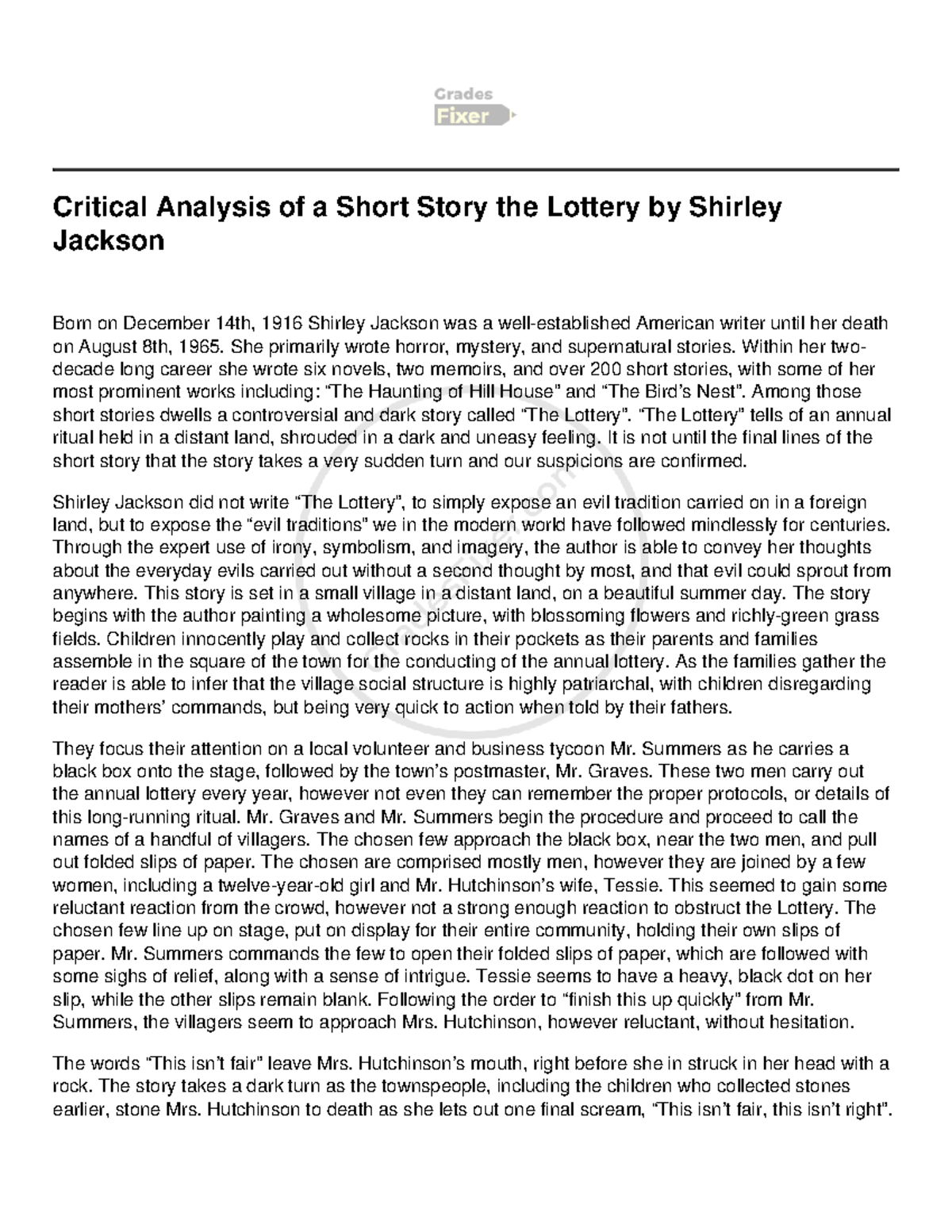 Critical Analysis of Shirley Jackson's Short Story "The Lottery" - Studocu