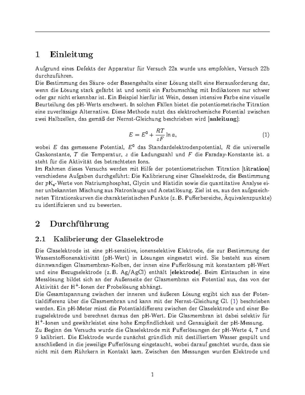 PC Praktikum 1: Versuch 22B - Potentiometrische Titration und Analyse ...