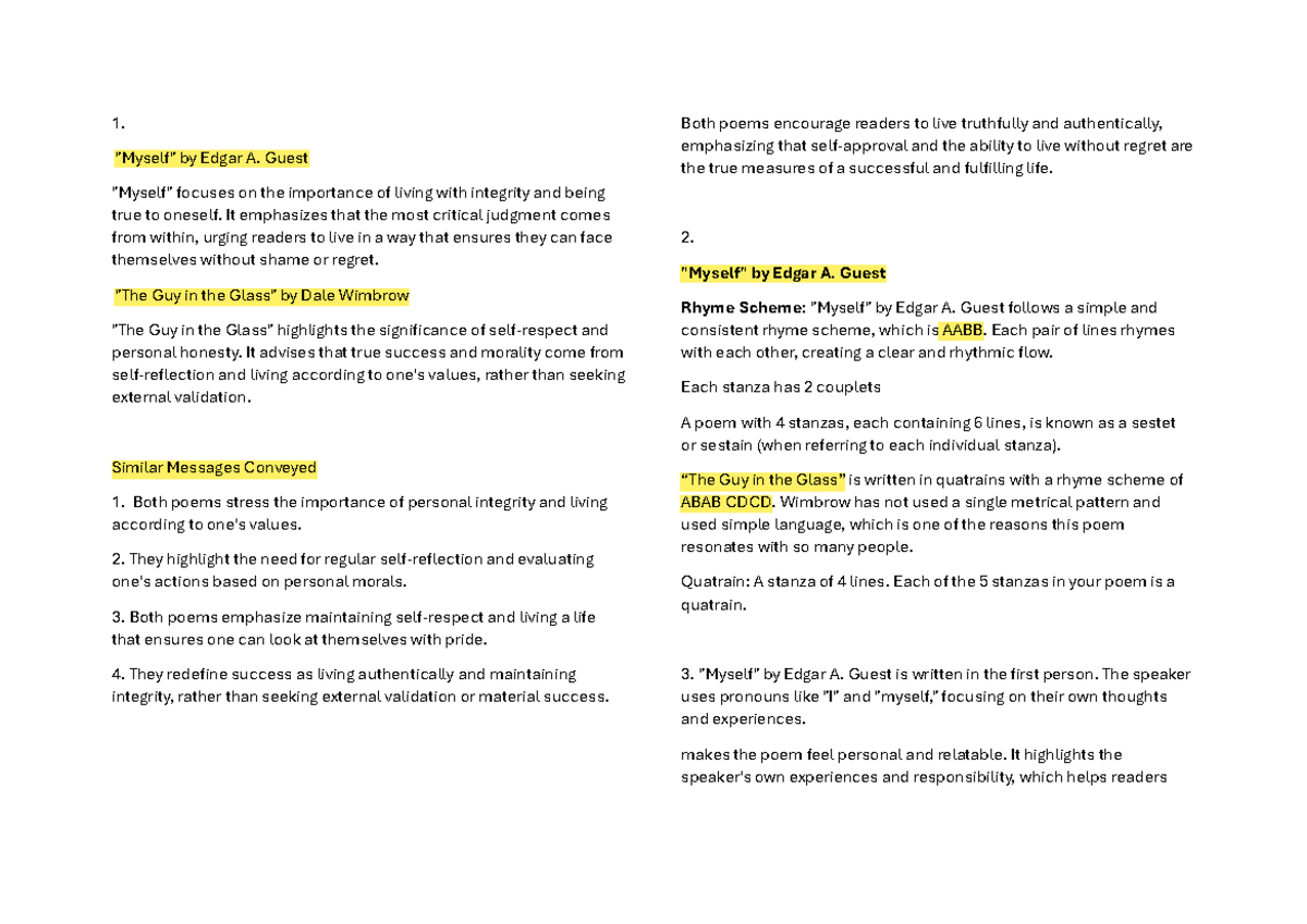 Grade 11 Unseen Poetry Analysis: "Myself" & "The Guy in the Glass ...