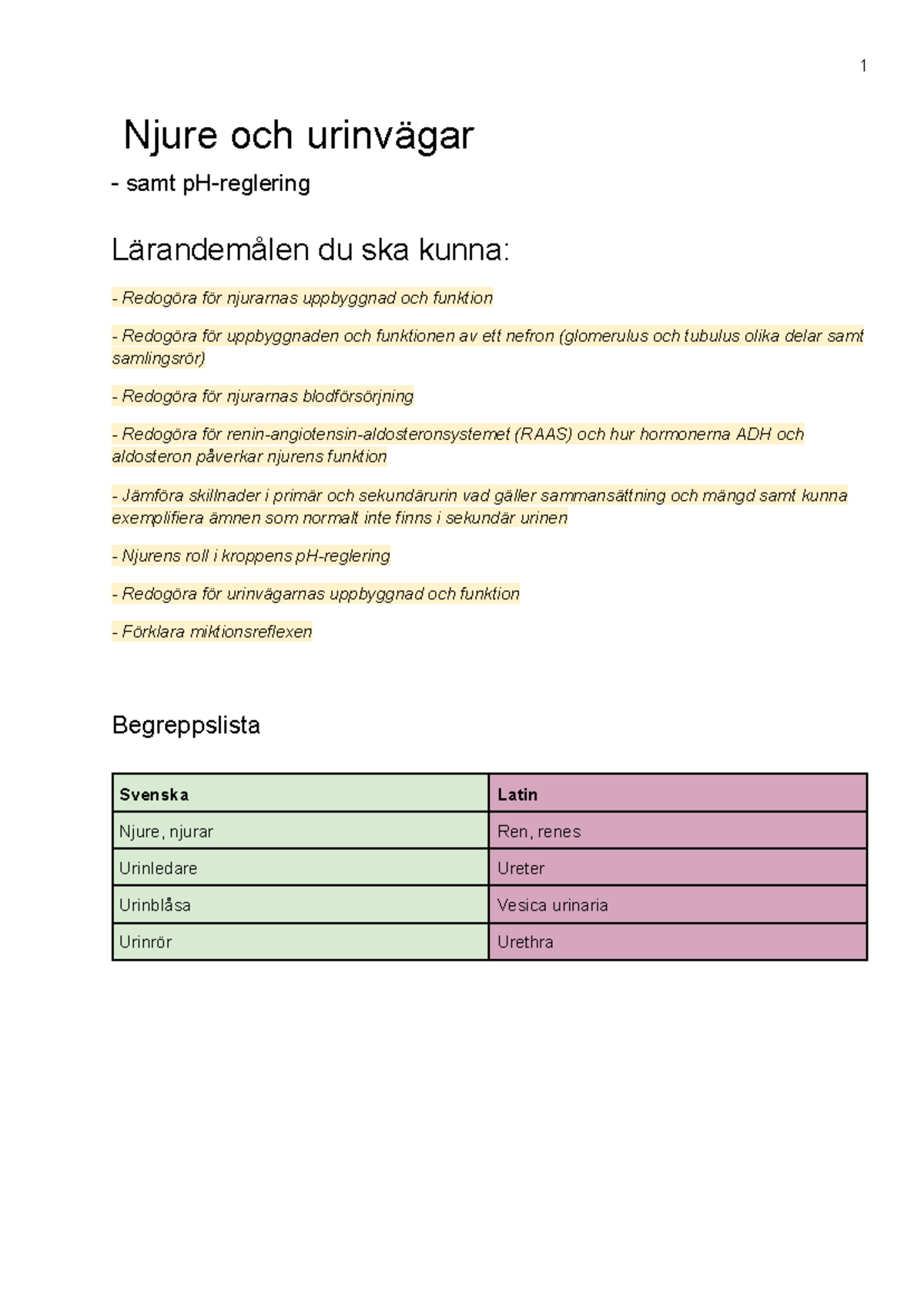 Njure och urinvägar: Funktioner, uppbyggnad och reglering (Kurskod ...