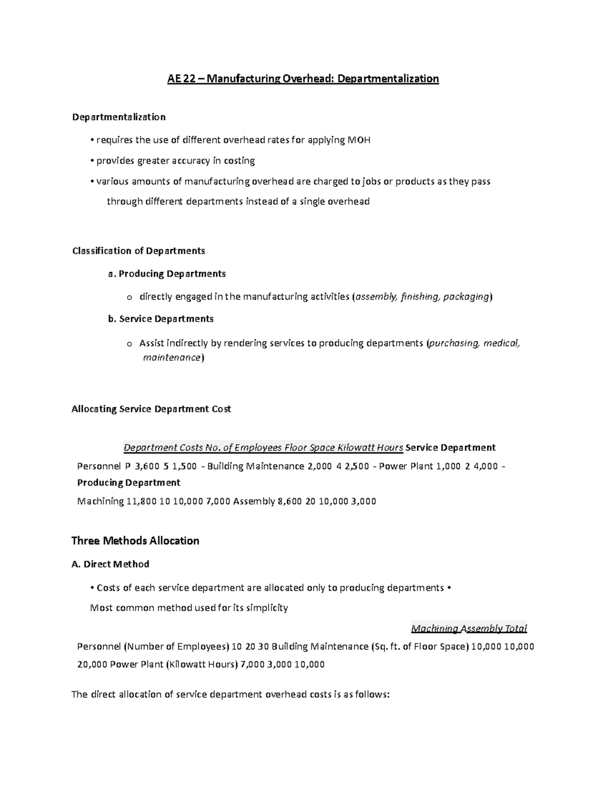 AE 22 - MOH - Departmentalization - AE 22 – Manufacturing Overhead ...