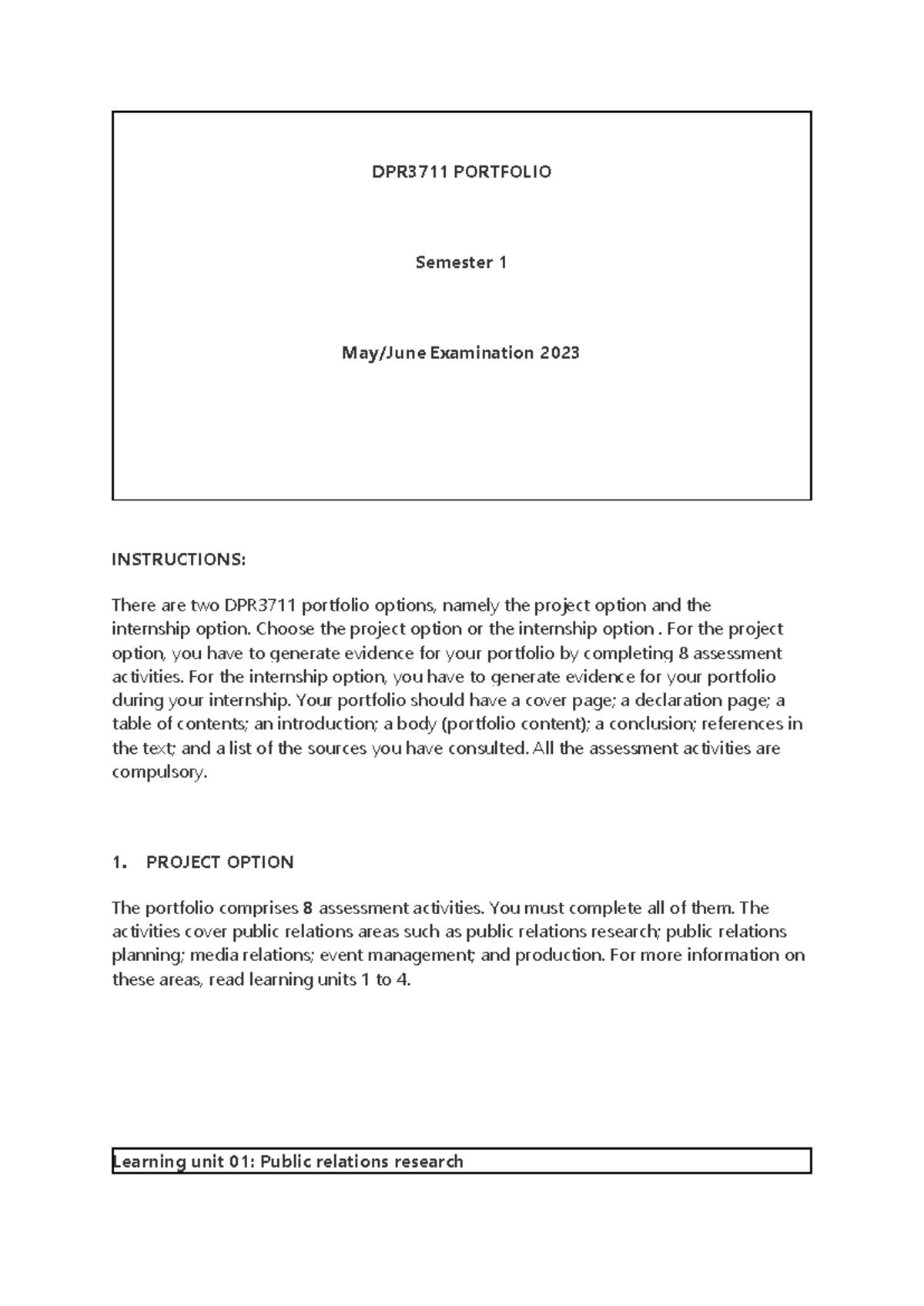 DPR3711 Portfolio Instructions for Project/Internship Option 2023 - Studocu