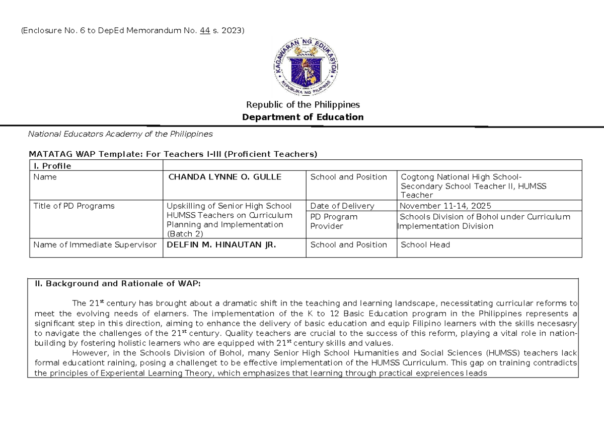 WAP Template for HUMSS Teachers: Curriculum Planning & Implementation ...