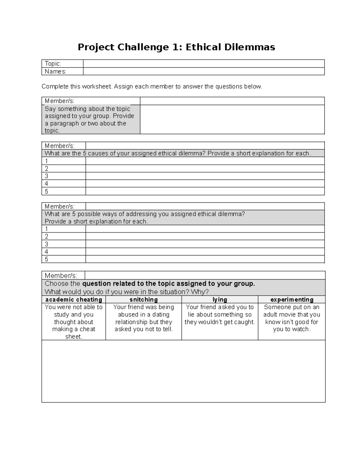 Project Challenge 1: Ethical Dilemmas Worksheet - English - Studocu