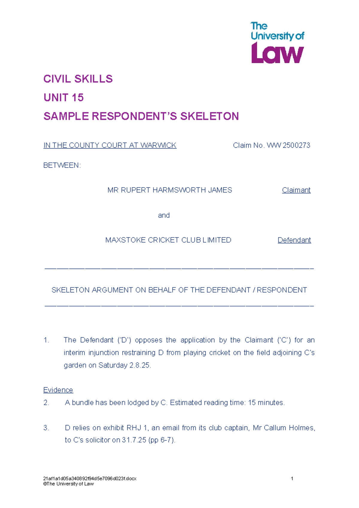 CIVIL SKILLS UNIT 15: DEFENDANT'S SKELETON ARGUMENT IN COURT - Studocu