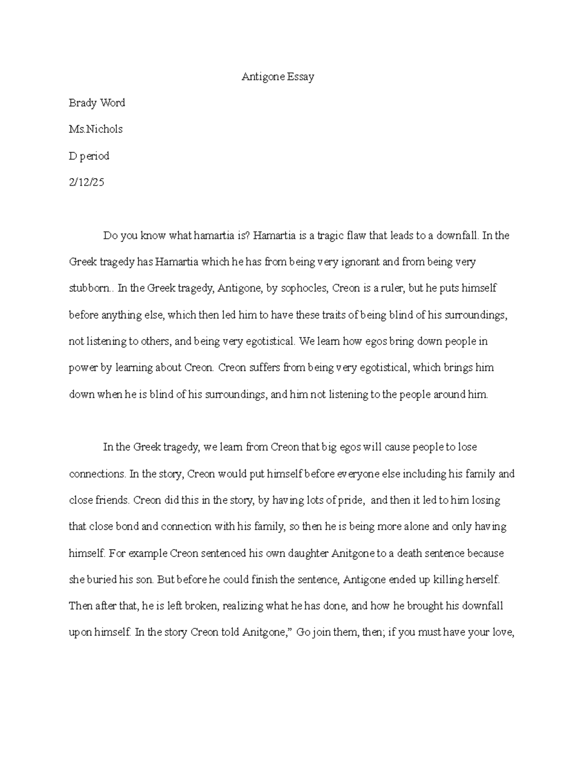 Antigone Final Essay: Analyzing Creon's Hamartia in Sophocles' Tragedy ...