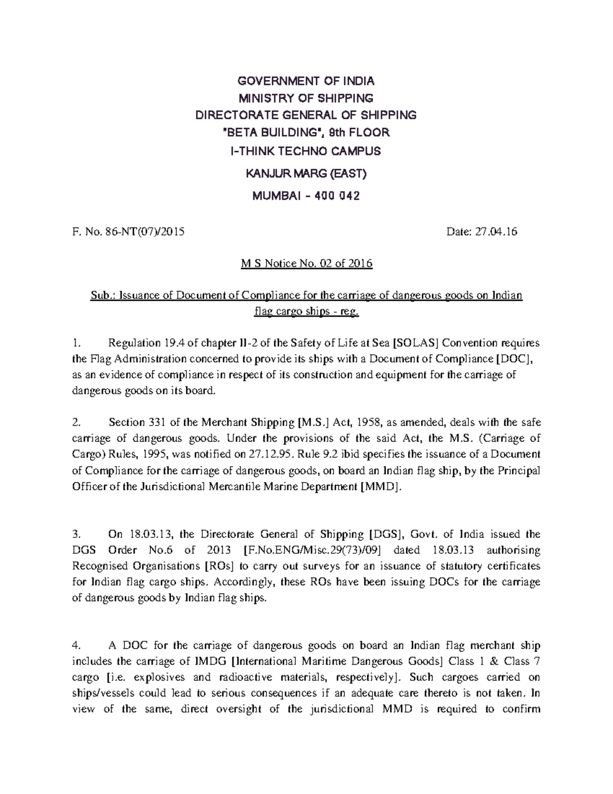 Issuance of Document of Compliance for DG Carriage - M S Notice No. 02/ ...