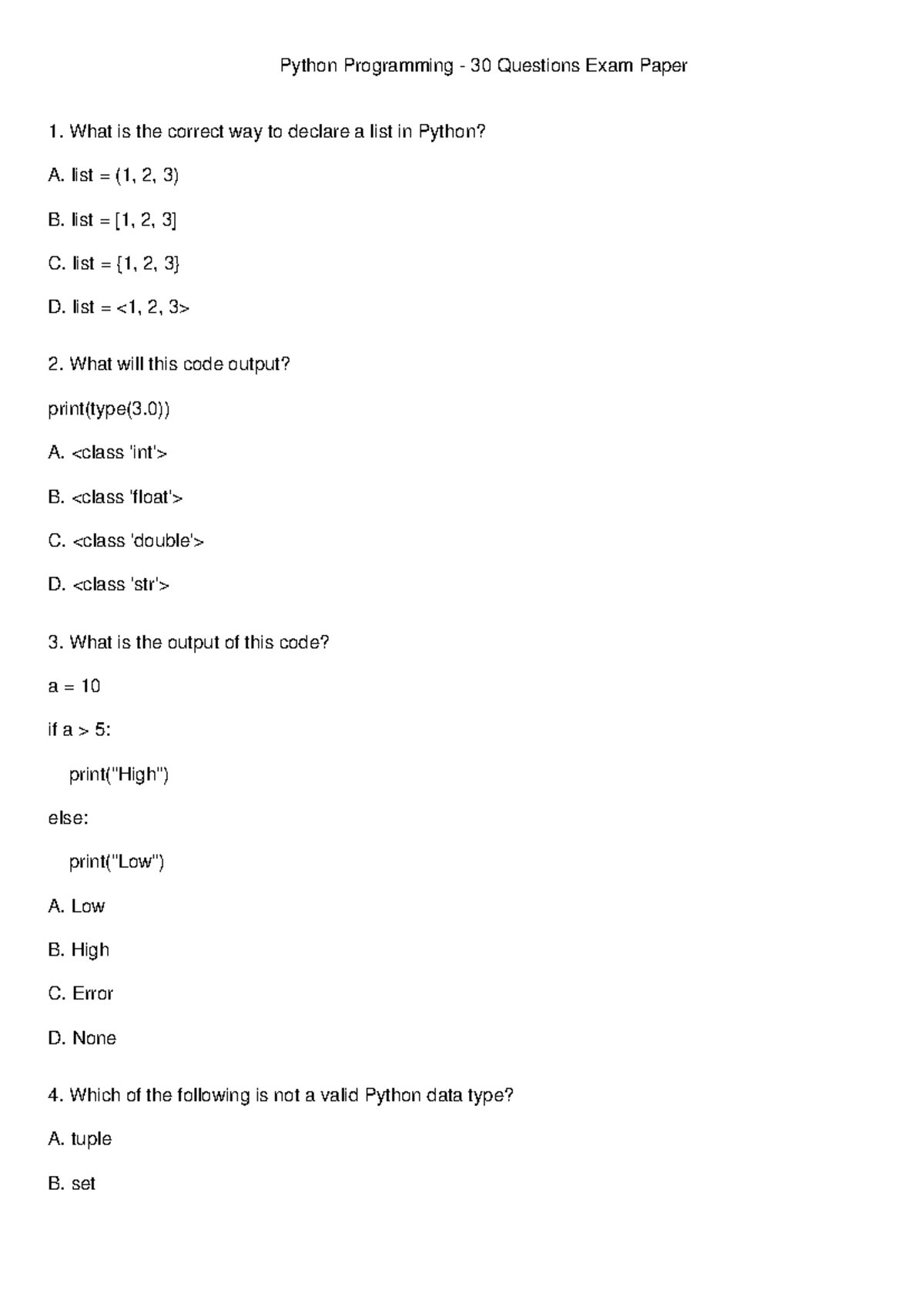 Python Programming 30 Questions Exam Paper - Final Exam - Studocu