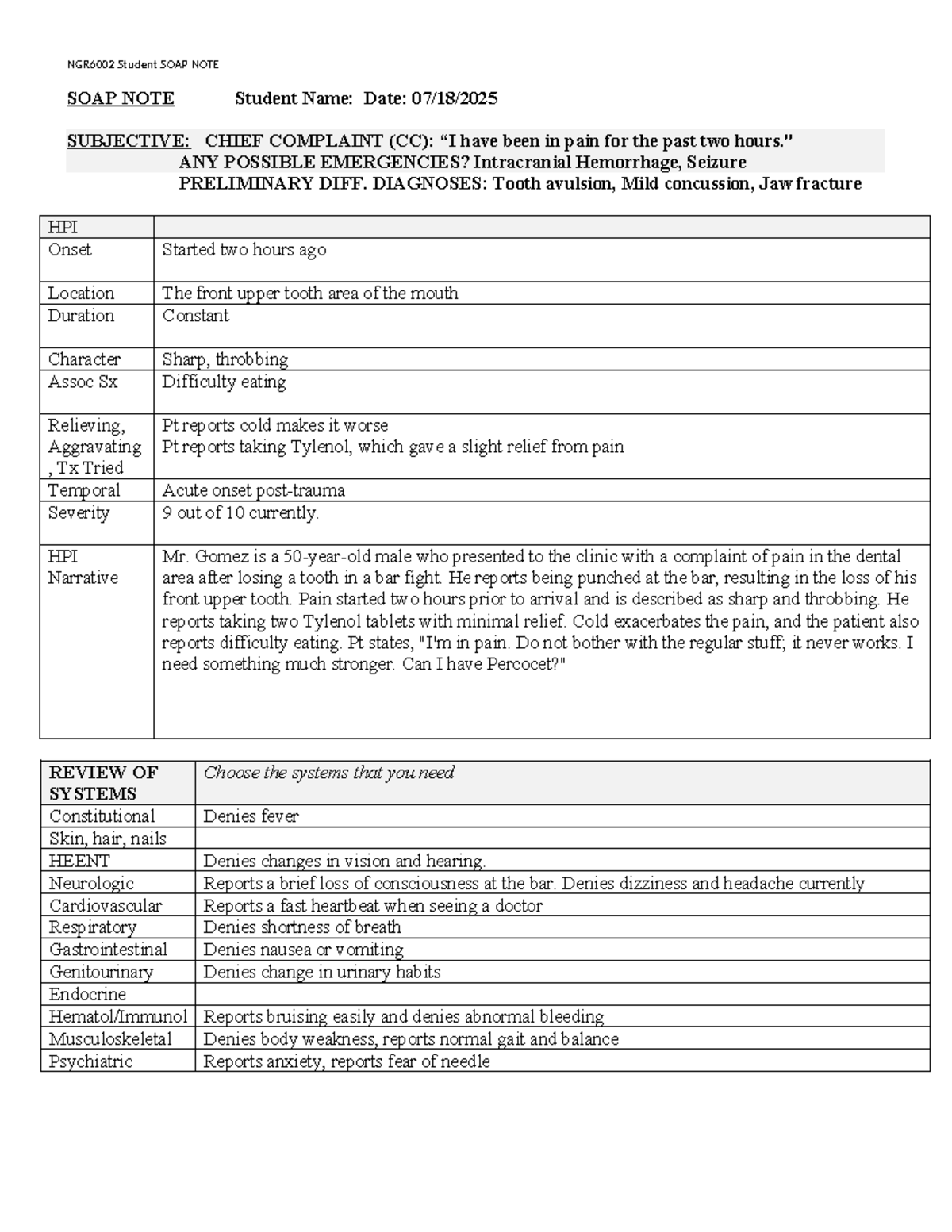NGR6002 Student SOAP Note for J. Gomez: Dental Injury Assessment - Studocu