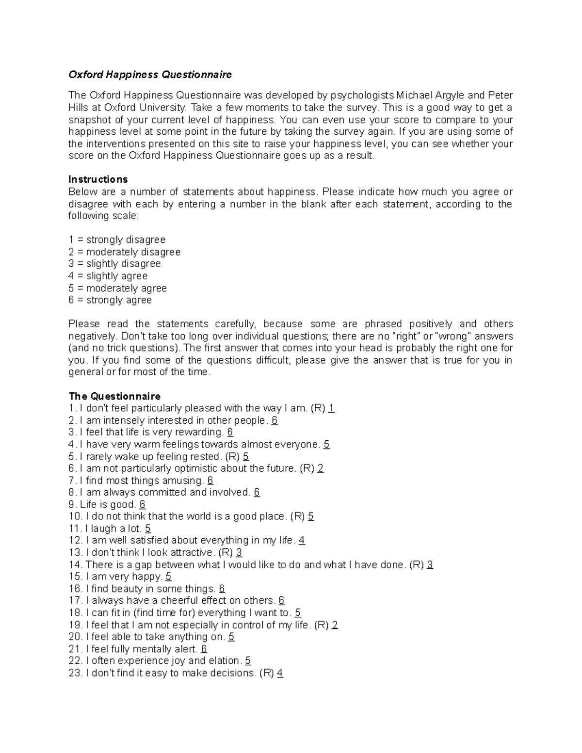 Oxford Happiness Questionnaire: Your Guide to Assessing Happiness - Studocu