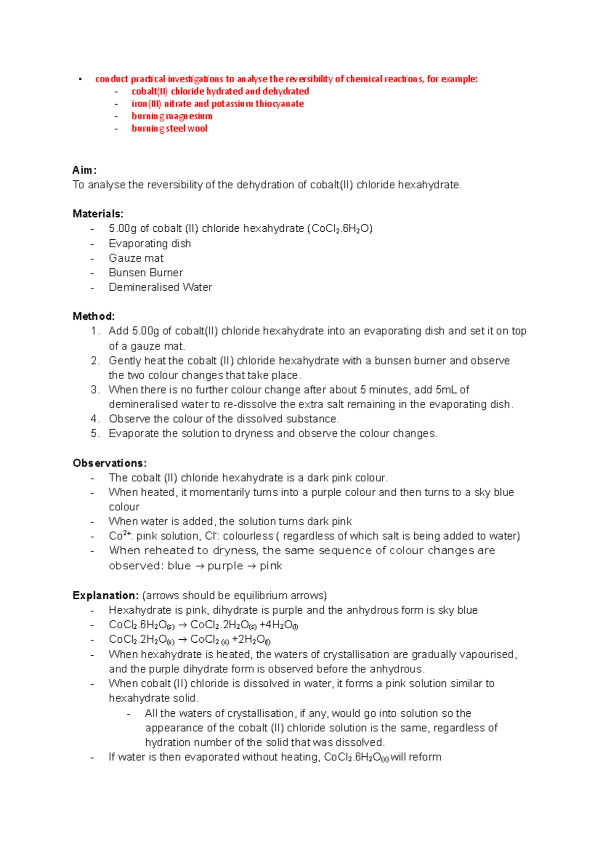 Reversibility of Dehydration in Cobalt (II) Chloride Hydrate - Chem Lab ...
