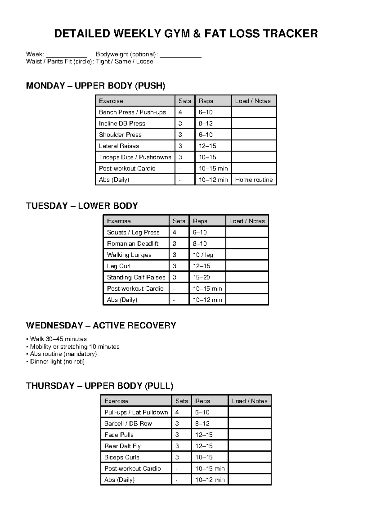 Detailed Weekly Gym Fat Loss Tracker: Emergency Workout Plan - Studocu
